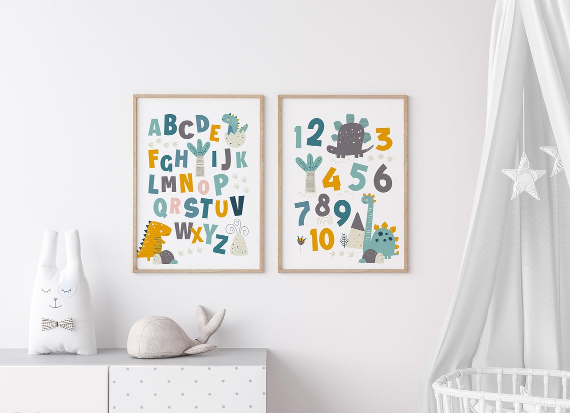 Dinosaur Alphabet and Numbers Poster Set of 2, Dinosaur Nursery Wall ...