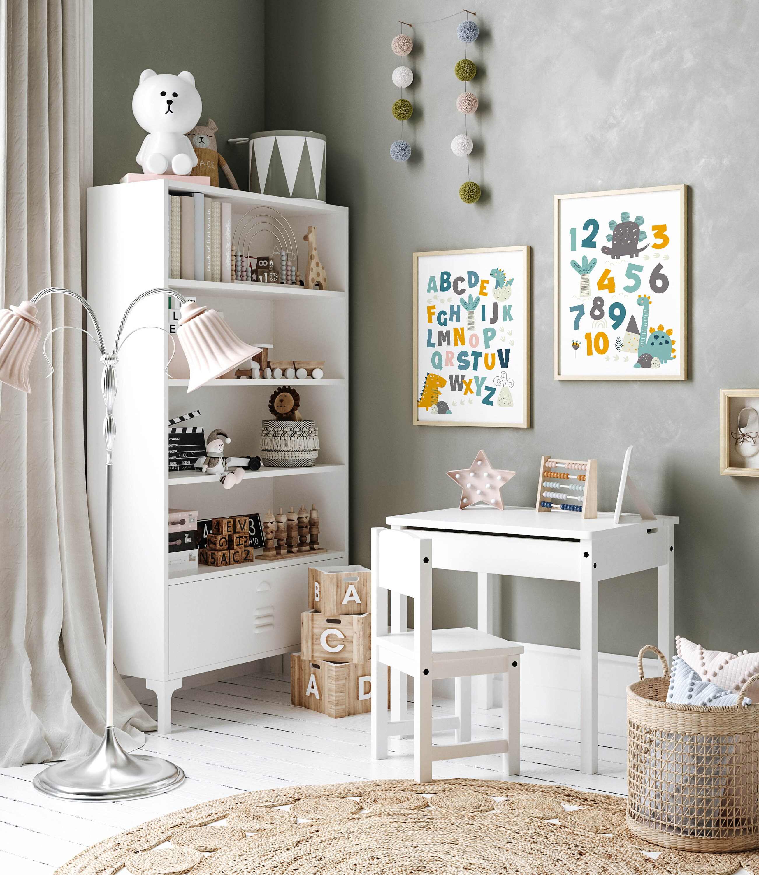 Dinosaur Alphabet and Numbers Poster Set of 2, Dinosaur Nursery Wall ...