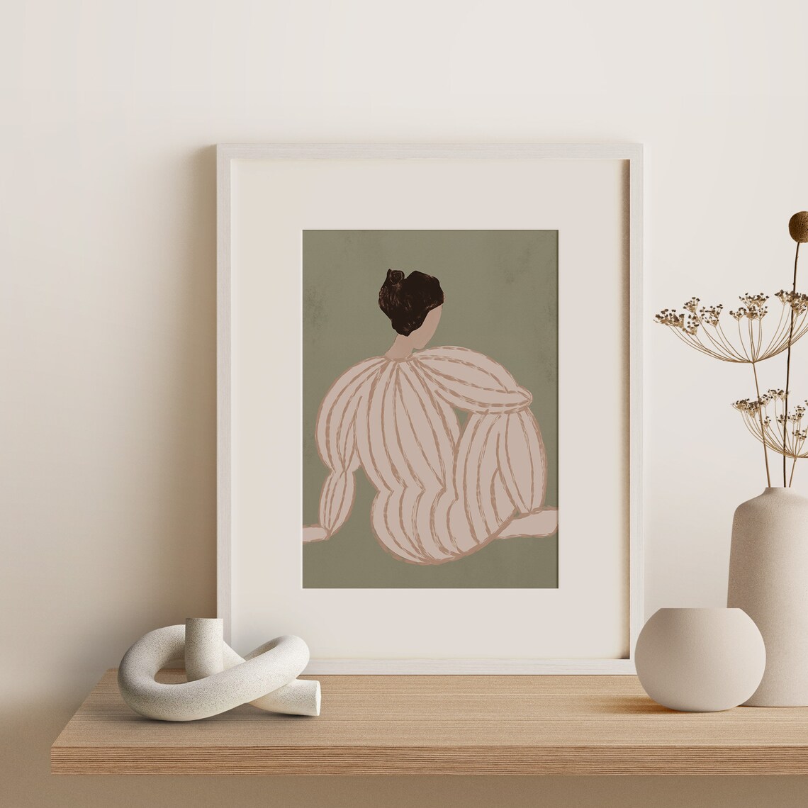 Boho Female Line Art Print - Body Positive Art - Minimalist Sage Green ...