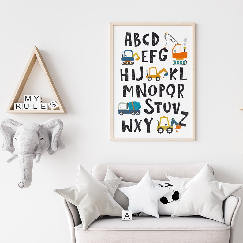NURSERY ALPHABET POSTER - Construction Truck Wall Art - Nursery Abc ...