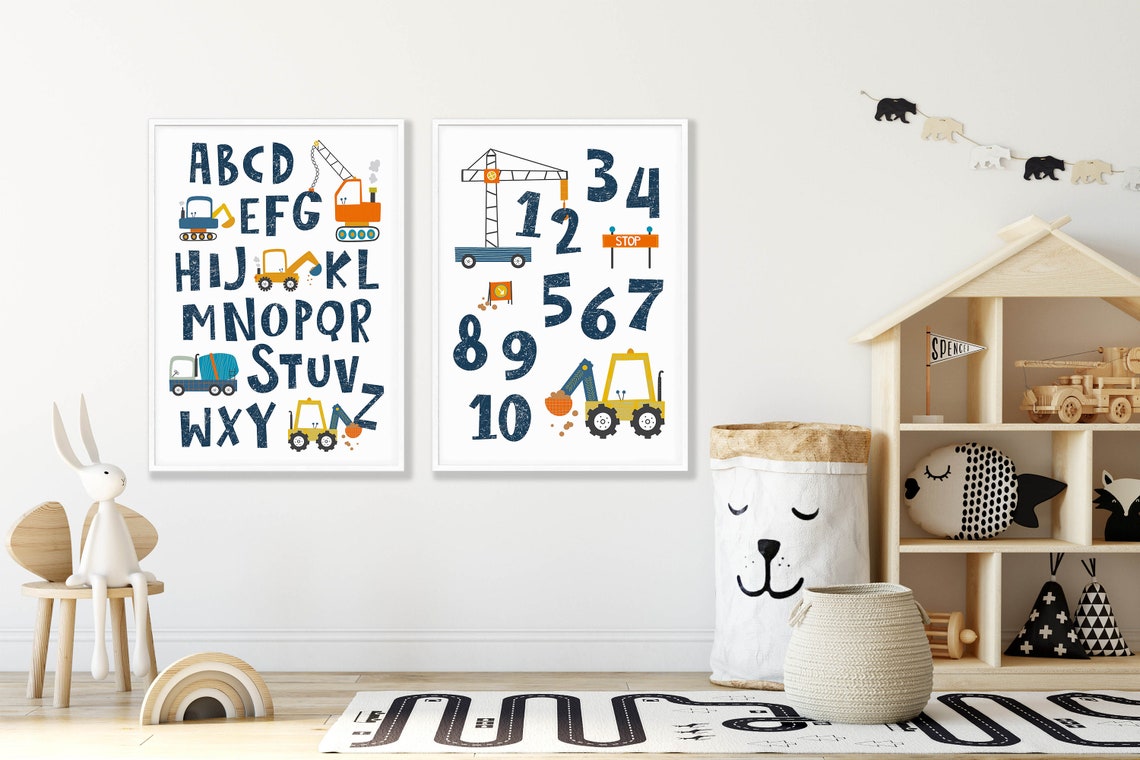 Numbers and Alphabet Poster Set Navy Construction Nursery | Etsy