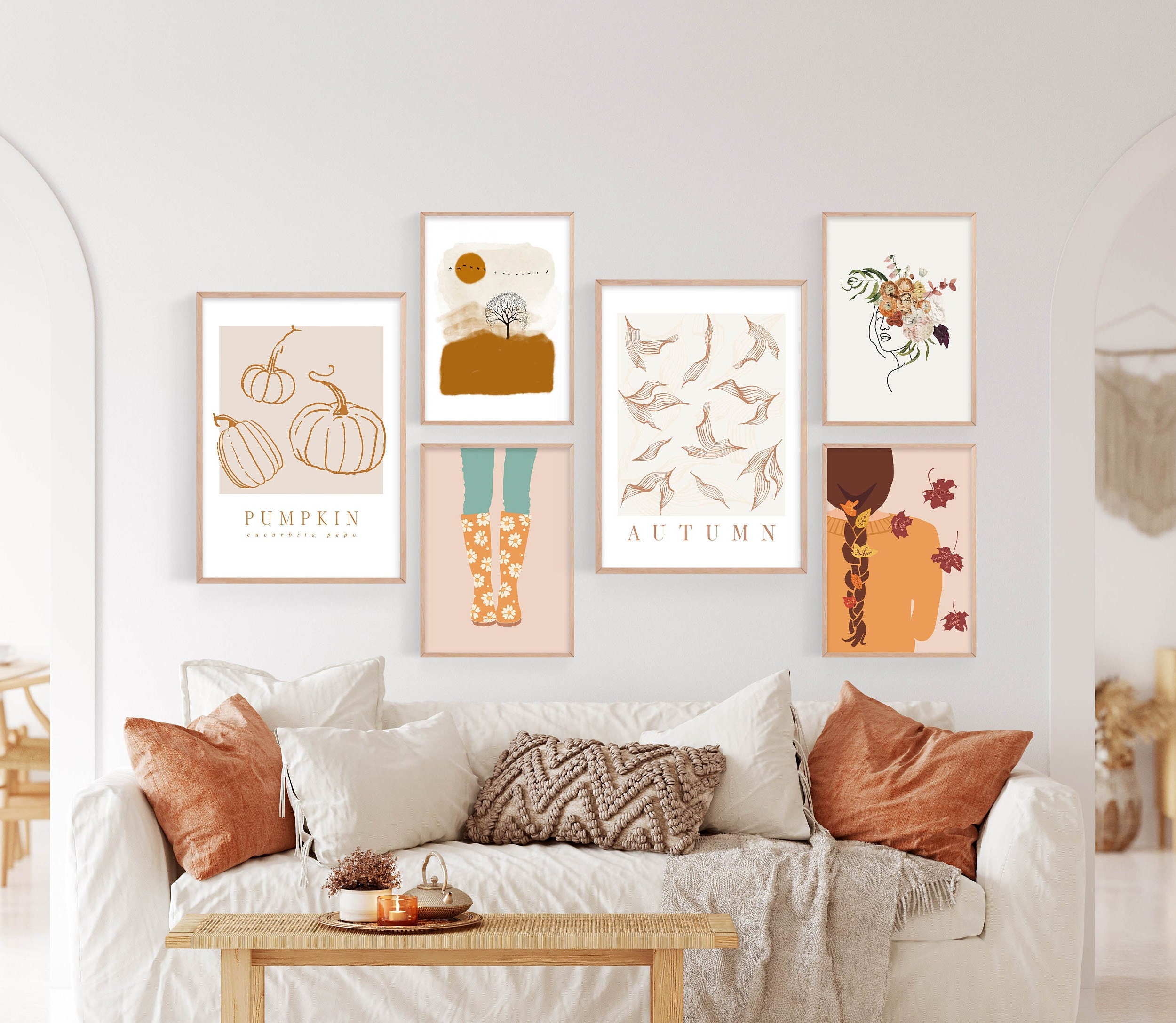 Minimalist Fall Set of 6 Prints - Autumn Boho Wall Art Set - Modern ...