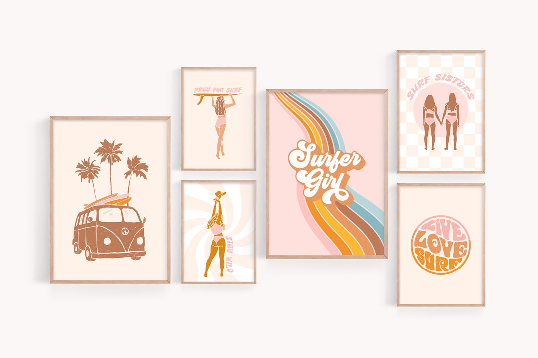 Surfer Girl Print Set, Boho Gallery Wall Art Set of 6 Surf Posters ...