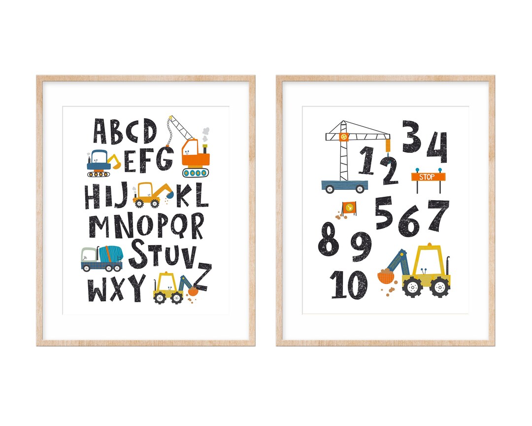 Construction Truck Alphabet and Numbers Nursery Print Set, Toddler Boy ...
