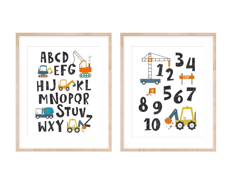 Construction Truck Alphabet and Numbers Nursery Print Set | Etsy
