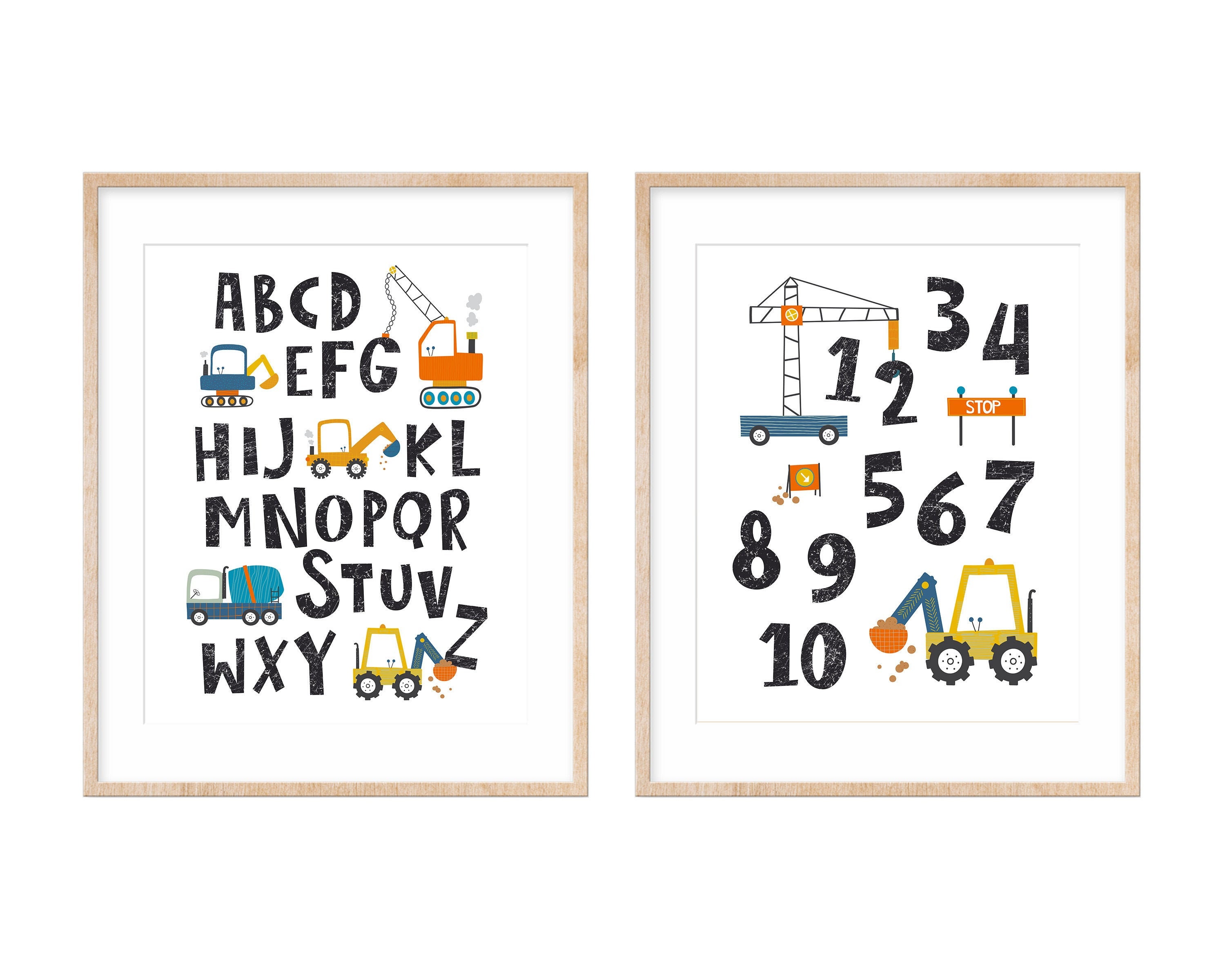 Construction Truck Alphabet and Numbers Nursery Print Set, Toddler Boy ...