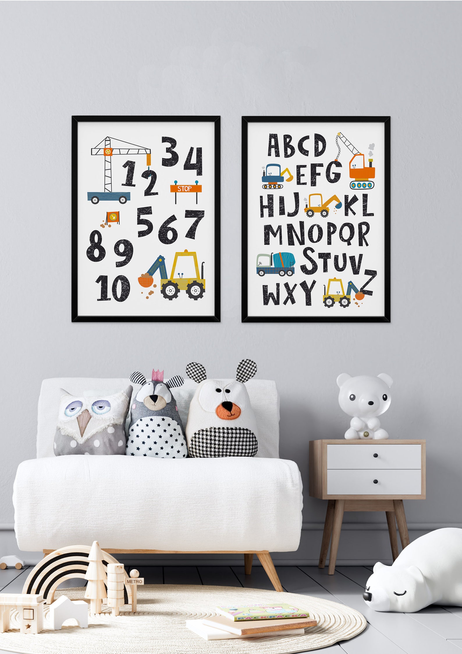 Construction Truck Alphabet and Numbers Nursery Print Set, Toddler Boy ...