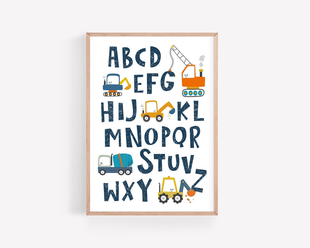 Construction Truck Alphabet Poster: Navy Nursery Wall Art (digital ...