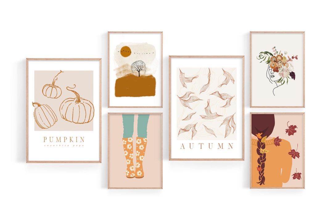 Minimalist Fall Set of 6 Prints - Autumn Boho Wall Art Set - Modern ...