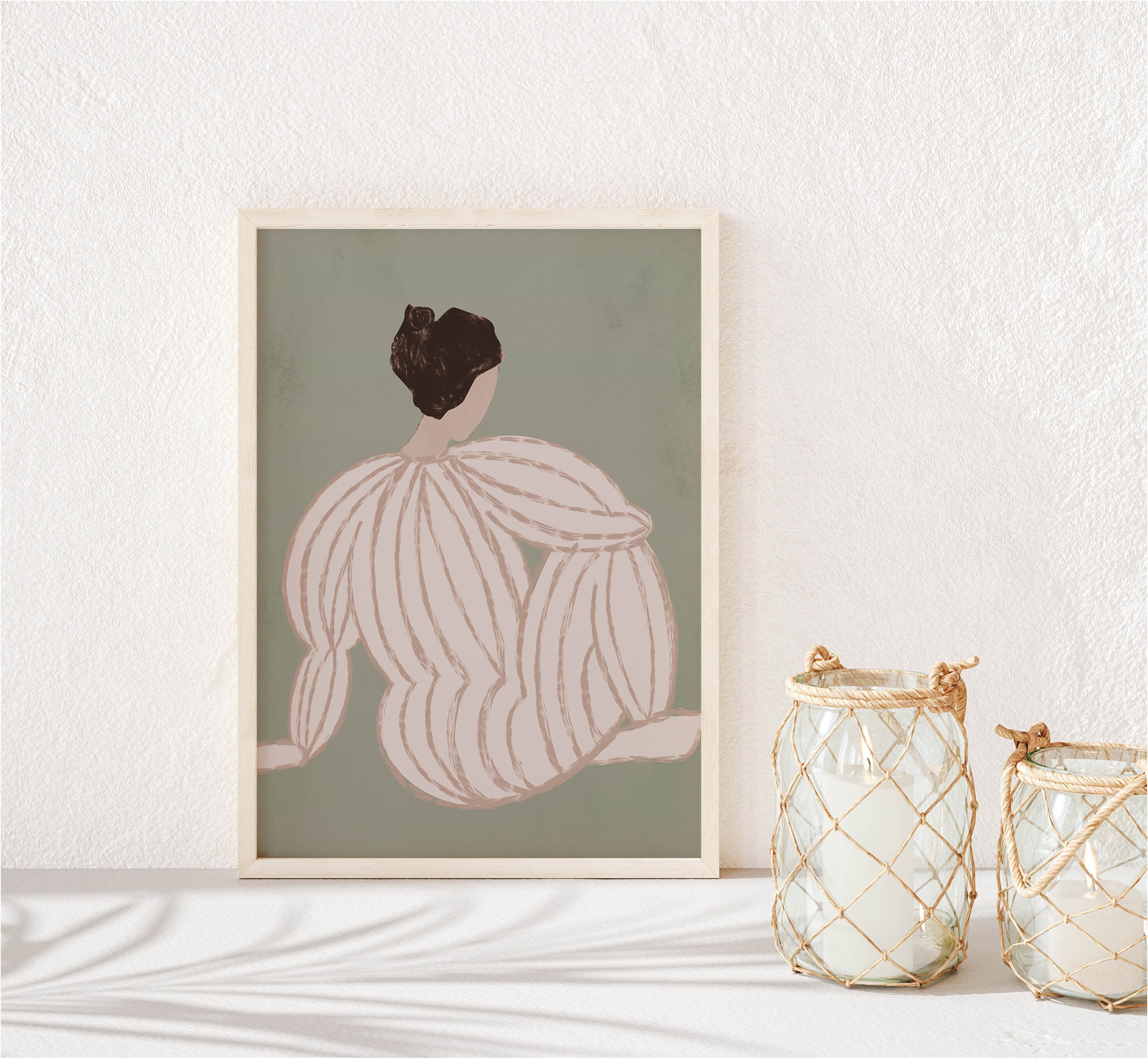 Boho Female Line Art Print - Body Positive Art - Minimalist Sage Green ...