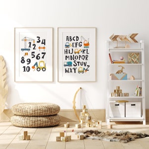 Construction Truck Alphabet and Numbers Nursery Print Set, Toddler Boy ...
