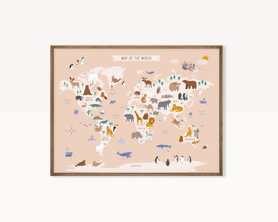 Nursery Animal World Map Printable Toddler Playroom - Etsy