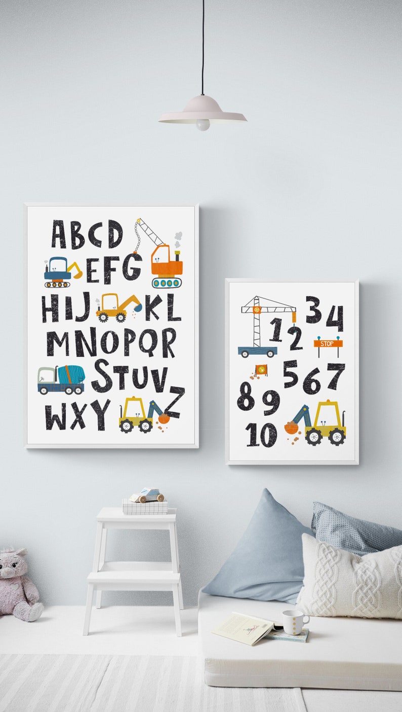 Construction Truck Alphabet and Numbers Nursery Print Set | Etsy