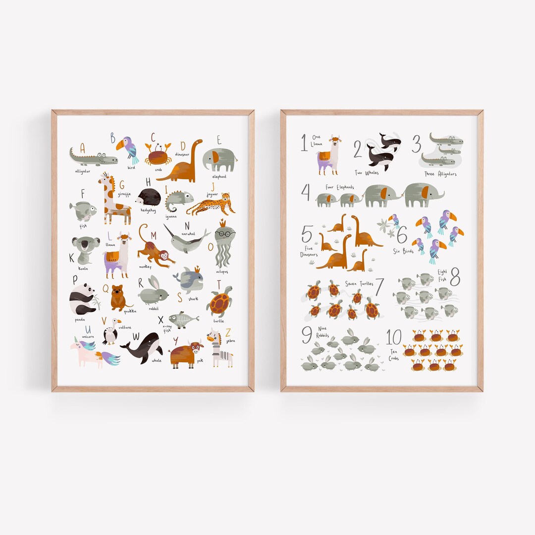 Alphabet and Numbers Posters - Animal Alphabet Chart - Set of 2 Prints ...