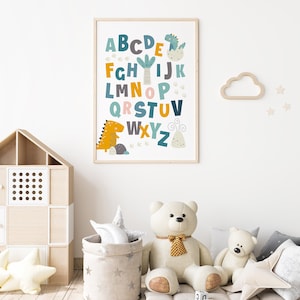 Dinosaur Alphabet Nursery Wall Art, Toddler Learning Educational Poster ...