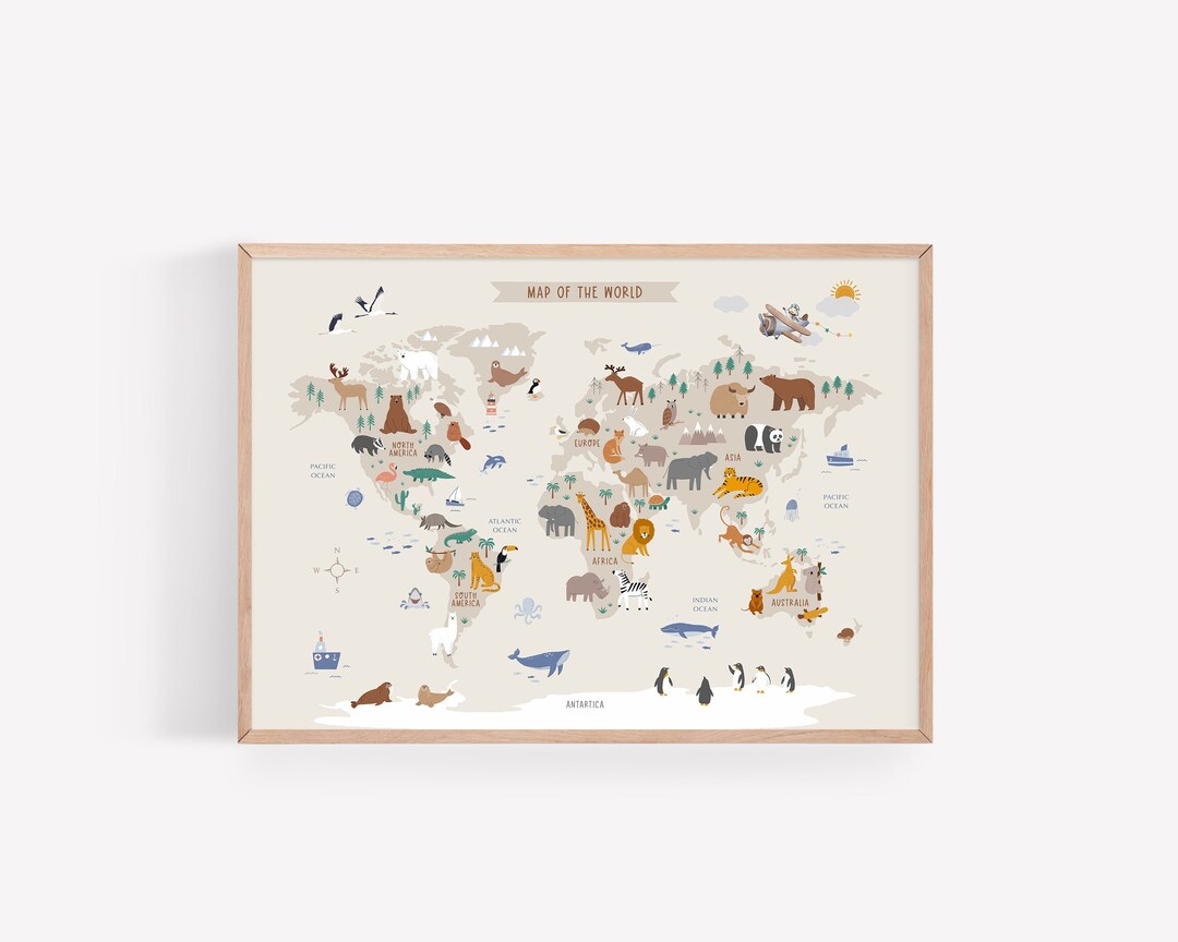 Kids World Map Printable Playroom Animal World Map Gender Neutral ...