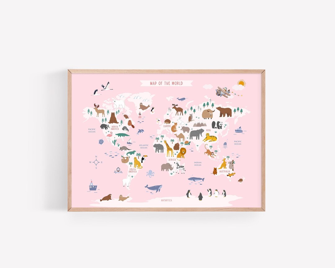 Pink World Map Printable Kids Animal World Map Wall Art Playroom ...
