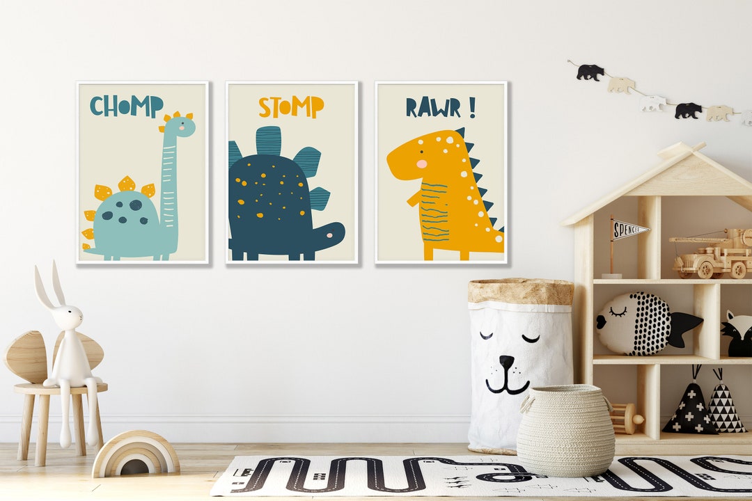 Nursery Dinosaur Wall Art Set of 3 Prints, Dinosaur Theme Boys Room ...
