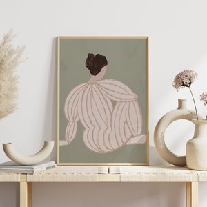 Boho Female Line Art Print - Body Positive Art - Minimalist Sage Green ...