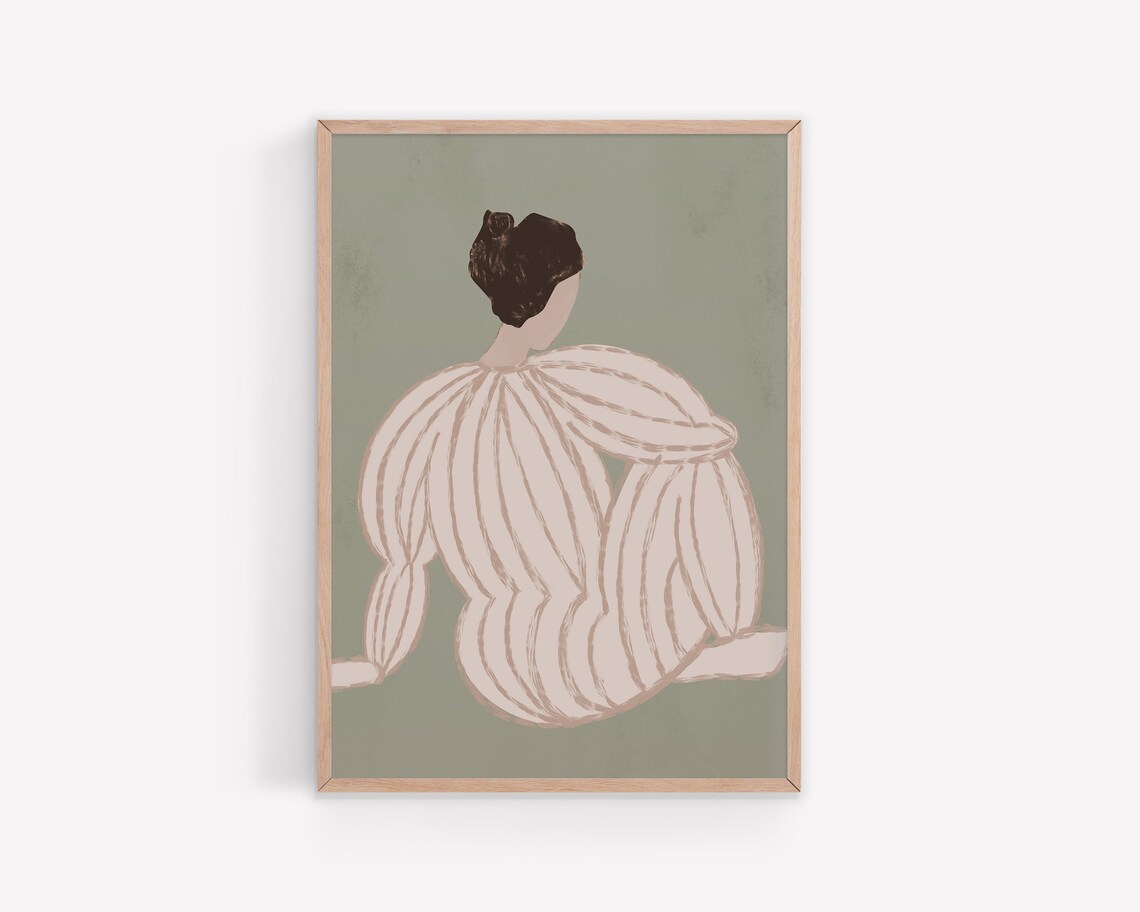 Boho Female Line Art Print - Body Positive Art - Minimalist Sage Green ...