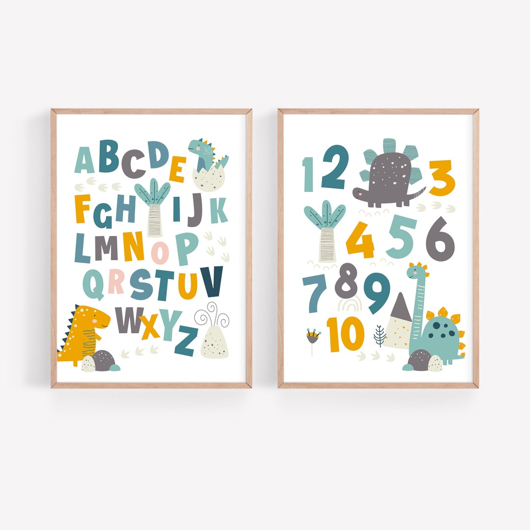 Dinosaur Alphabet and Numbers Poster Set of 2, Dinosaur Nursery Wall ...