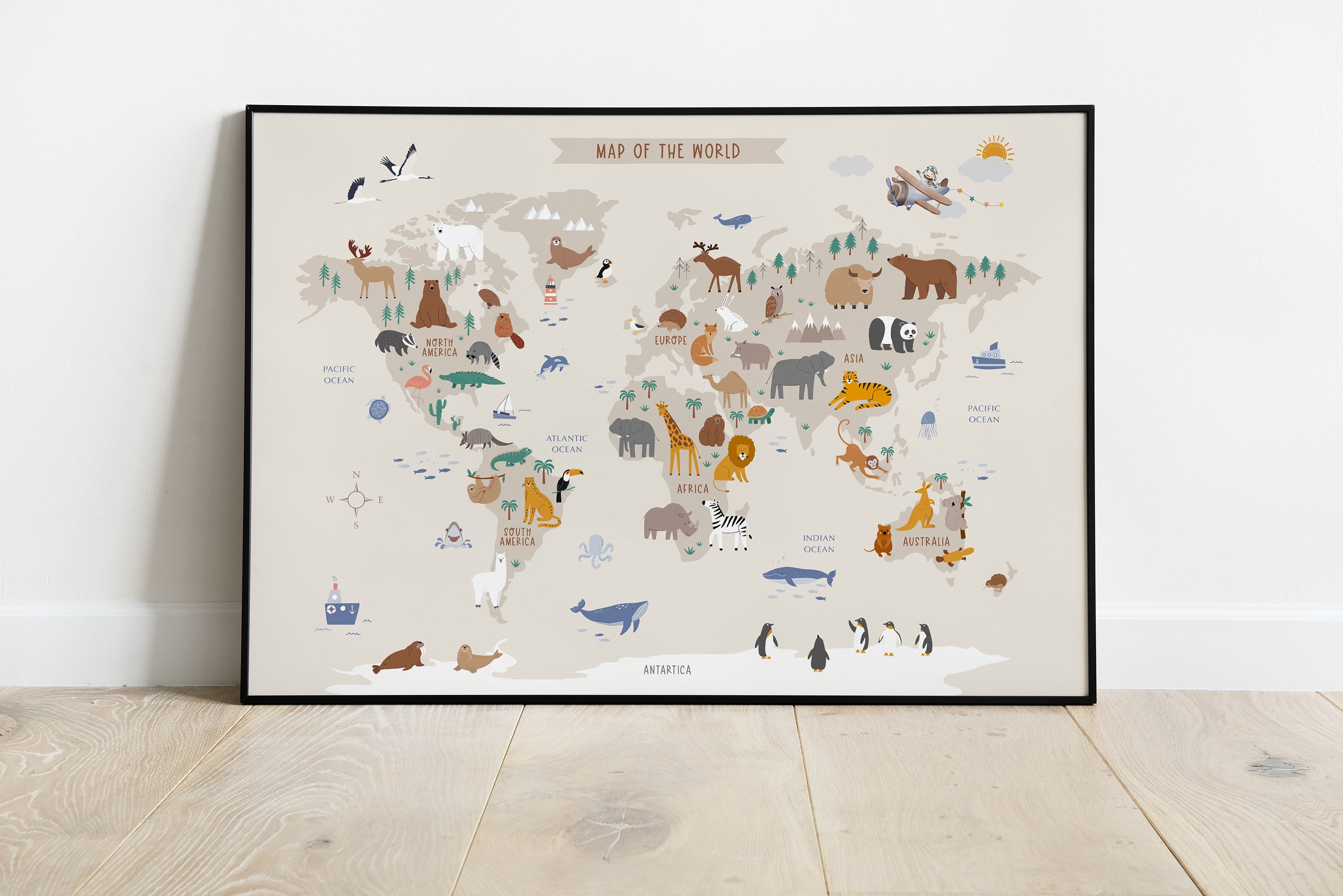 Kids World Map Printable Playroom Animal World Map Gender - Etsy