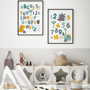 Dinosaur Alphabet and Numbers Poster Set of 2, Dinosaur Nursery Wall ...