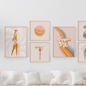 Surfer Girl Print Set, Boho Gallery Wall Art Set of 6 Surf Posters ...