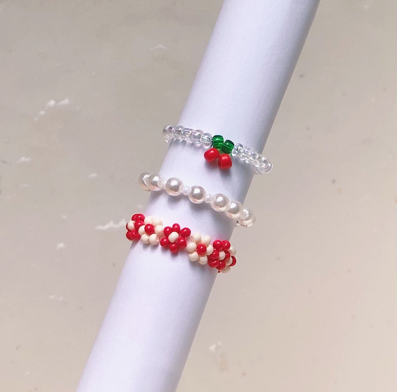 Trendy 3 Ring Set | Mini Cherry, Pearl, and Beaded Flower Rings - Etsy