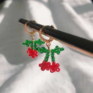 Beaded Gold Cherry Earrings - Etsy