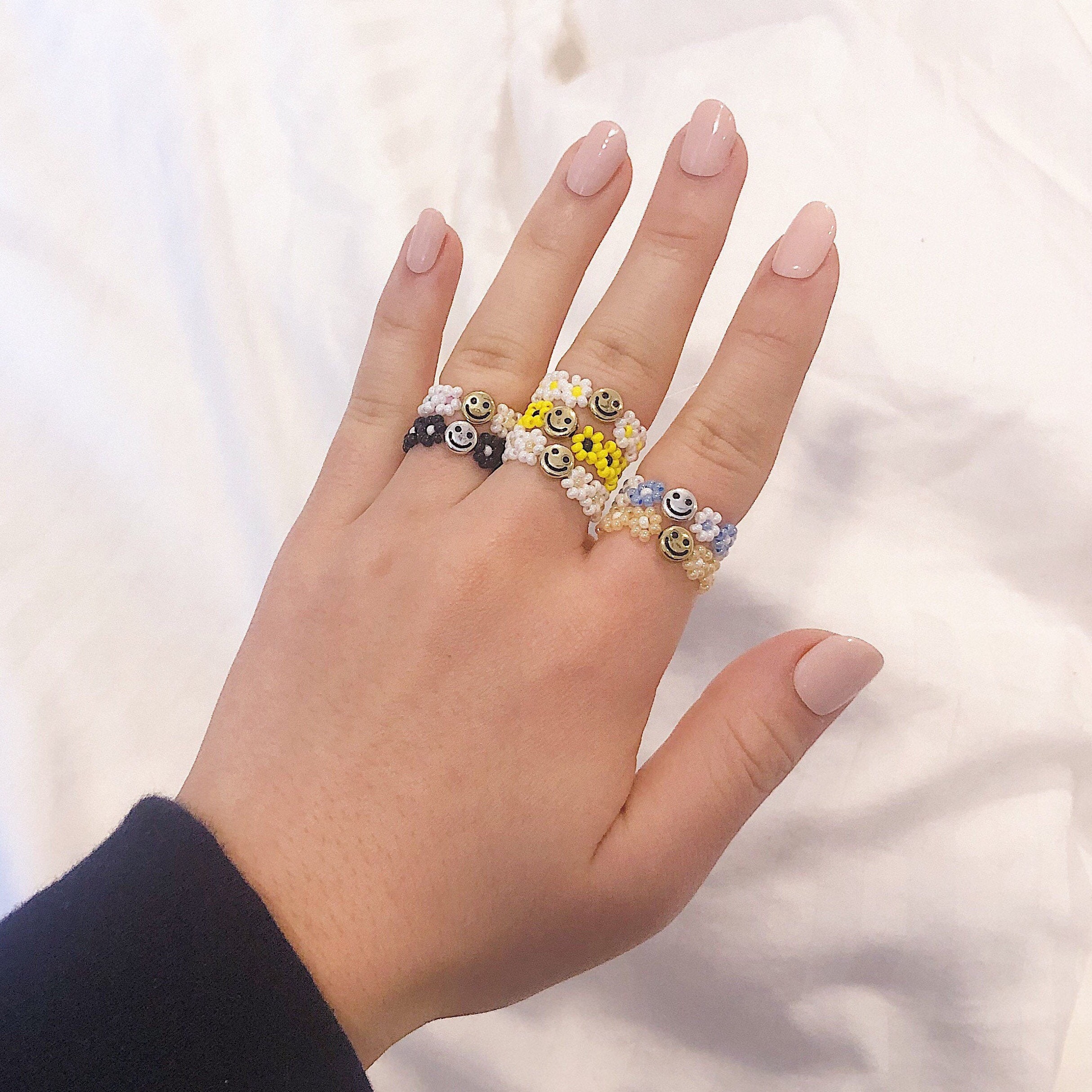 Y2K Smiley Face Beaded Flower Ring (made to Order) - Etsy