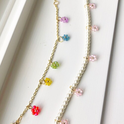 Beaded Flower Necklace W/ Chain/pearls - Etsy
