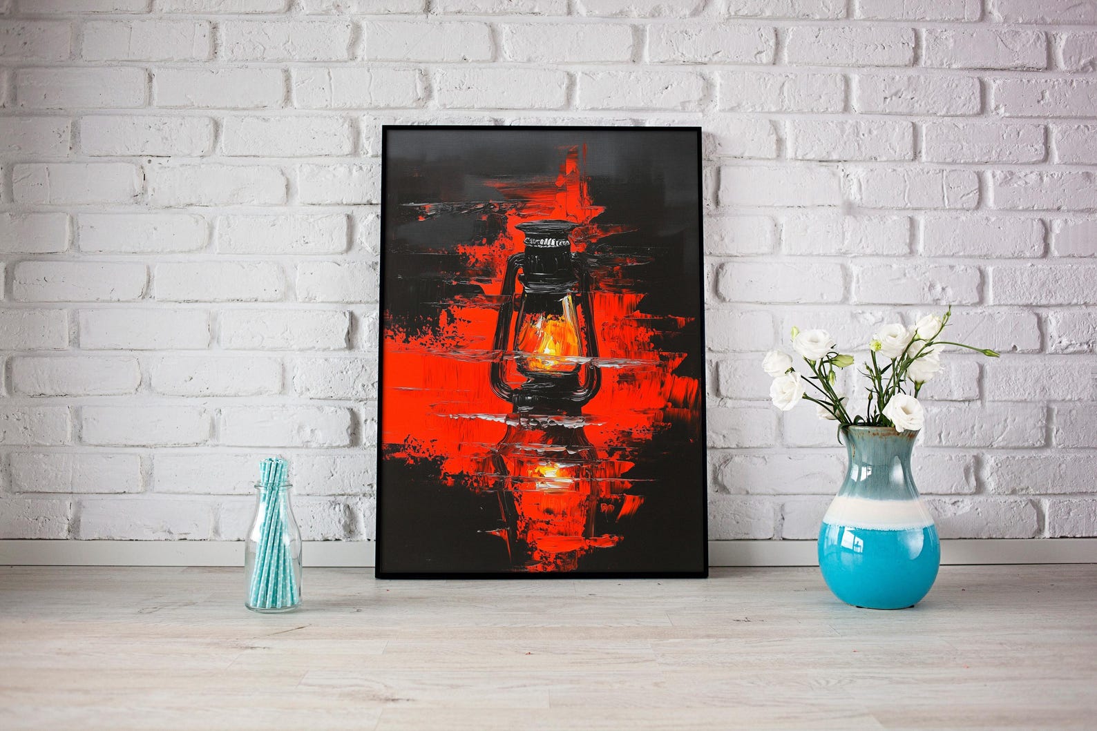 Vintage Lantern Abstract Art Bold Red and Black Wall Art Industrial ...