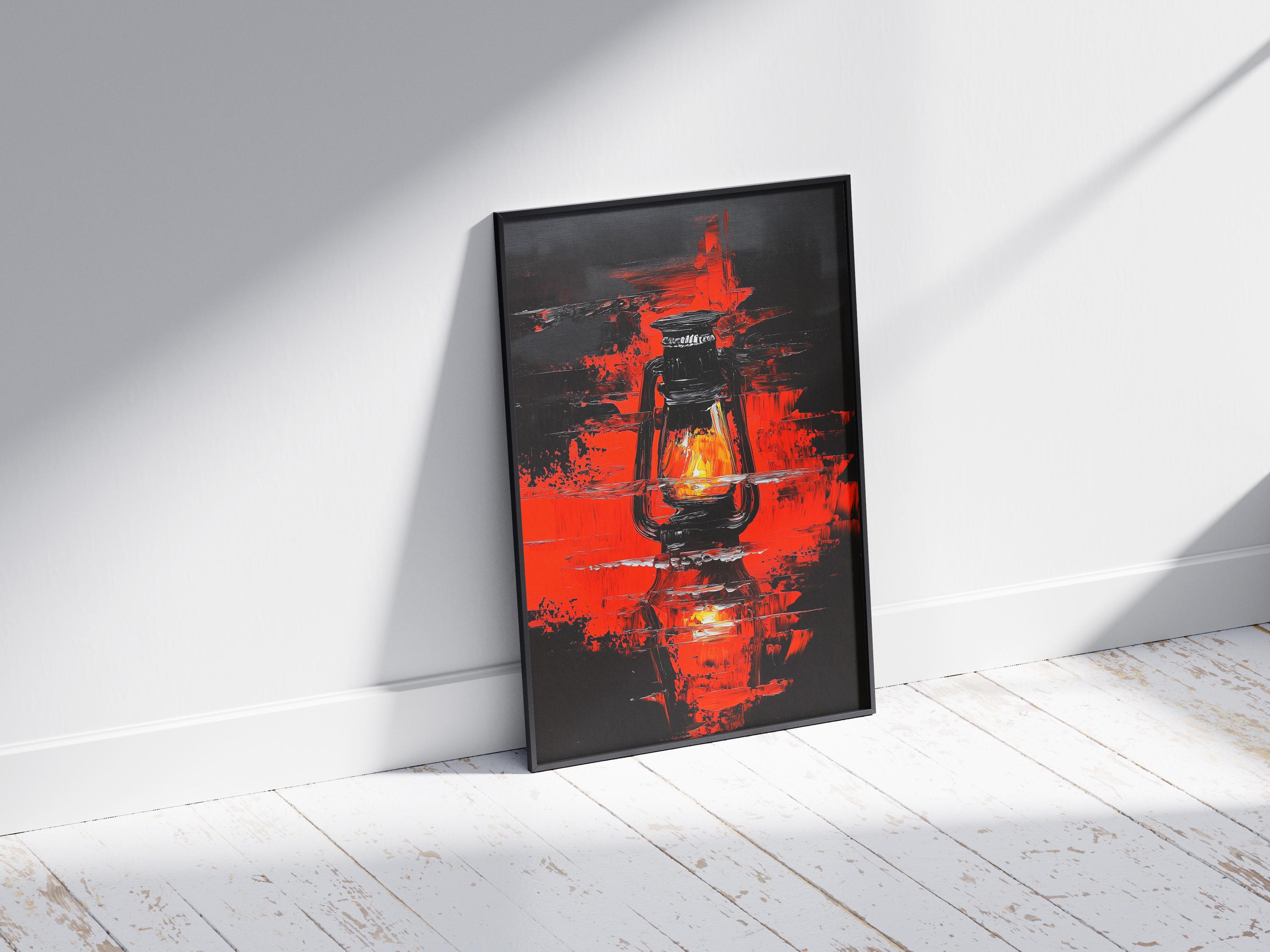 Vintage Lantern Abstract Art Bold Red and Black Wall Art Industrial ...