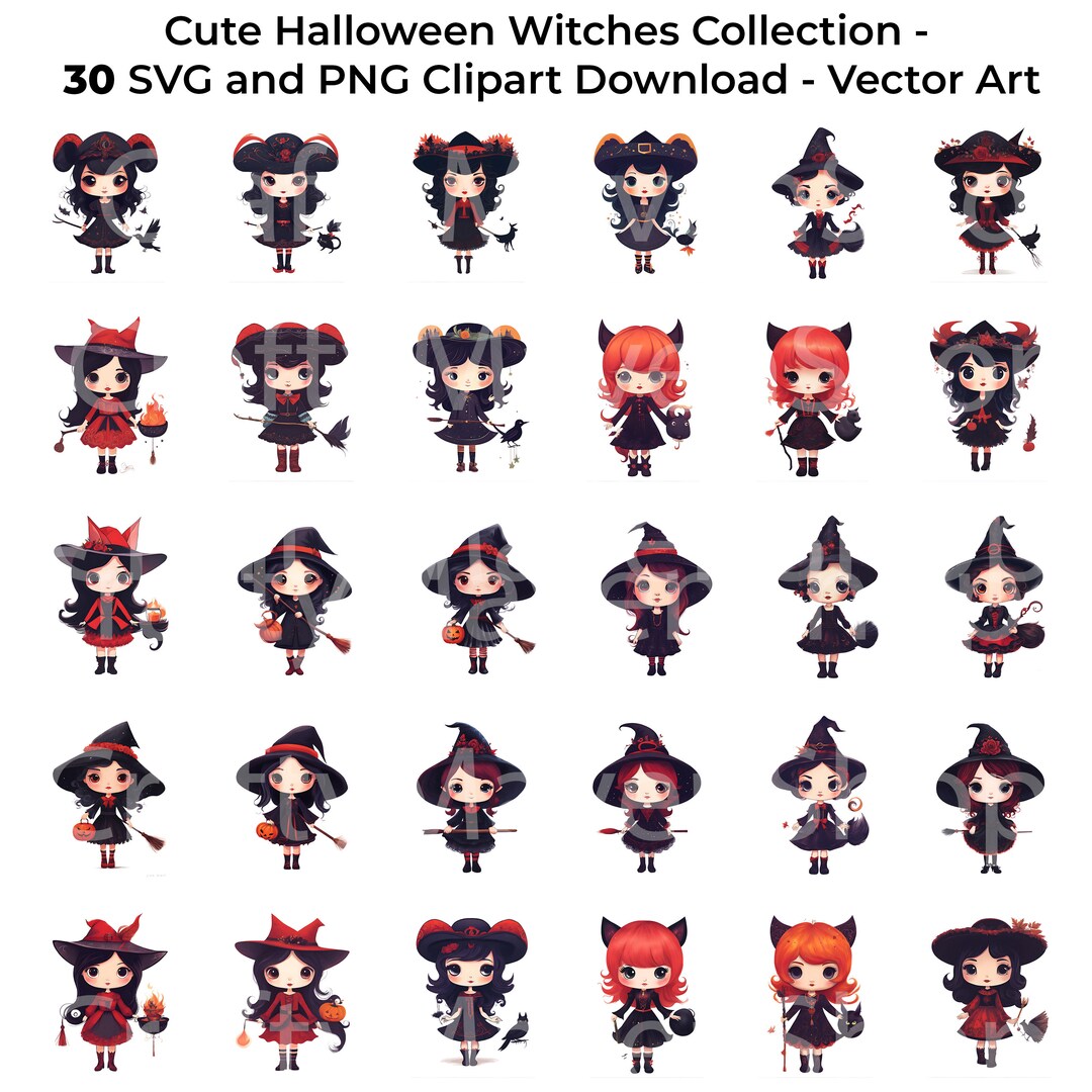 Cute Halloween Witches Collection 30 SVG and PNG Clipart - Etsy