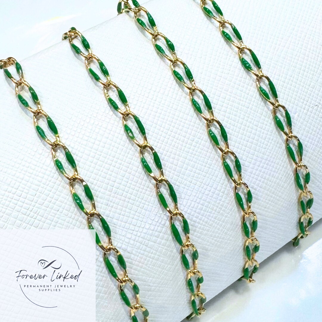 Enamel Link Chain - Ion Plated Gold Stainless Steel With Green Enamel ...