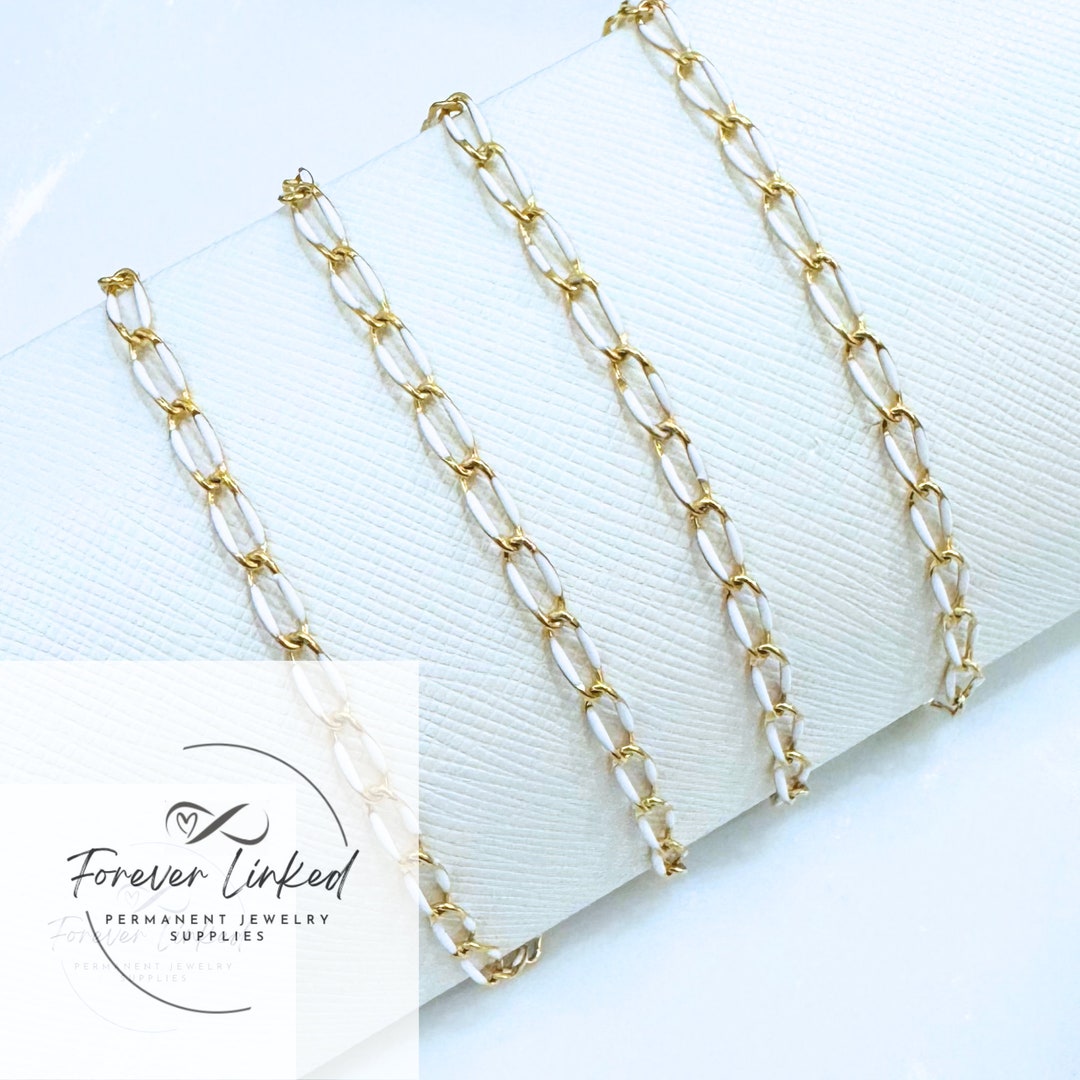 Enamel Link Chain - Ion Plated Gold Stainless Steel With White Enamel ...