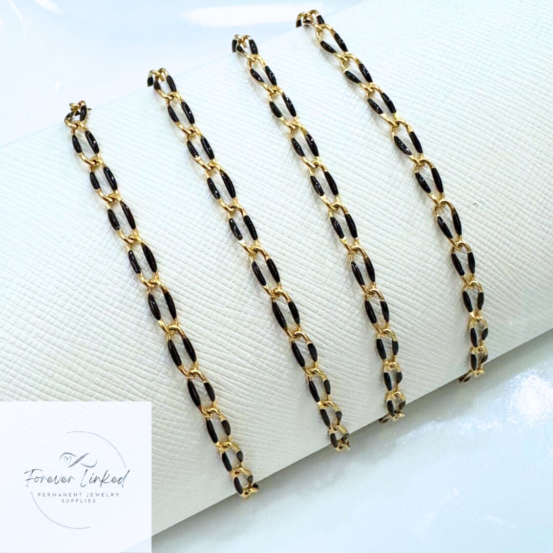Enamel Link Chain - Ion Plated Gold Stainless Steel With Black Enamel ...