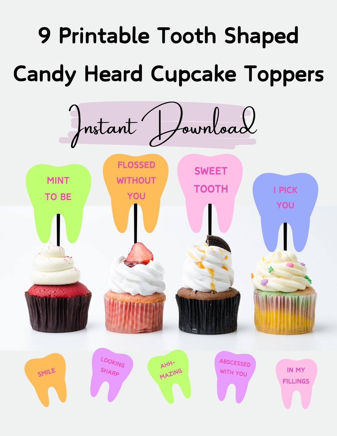 Set of 9 Printable Cupcake Toppers: Sweet Tooth Candy Heart Theme ...
