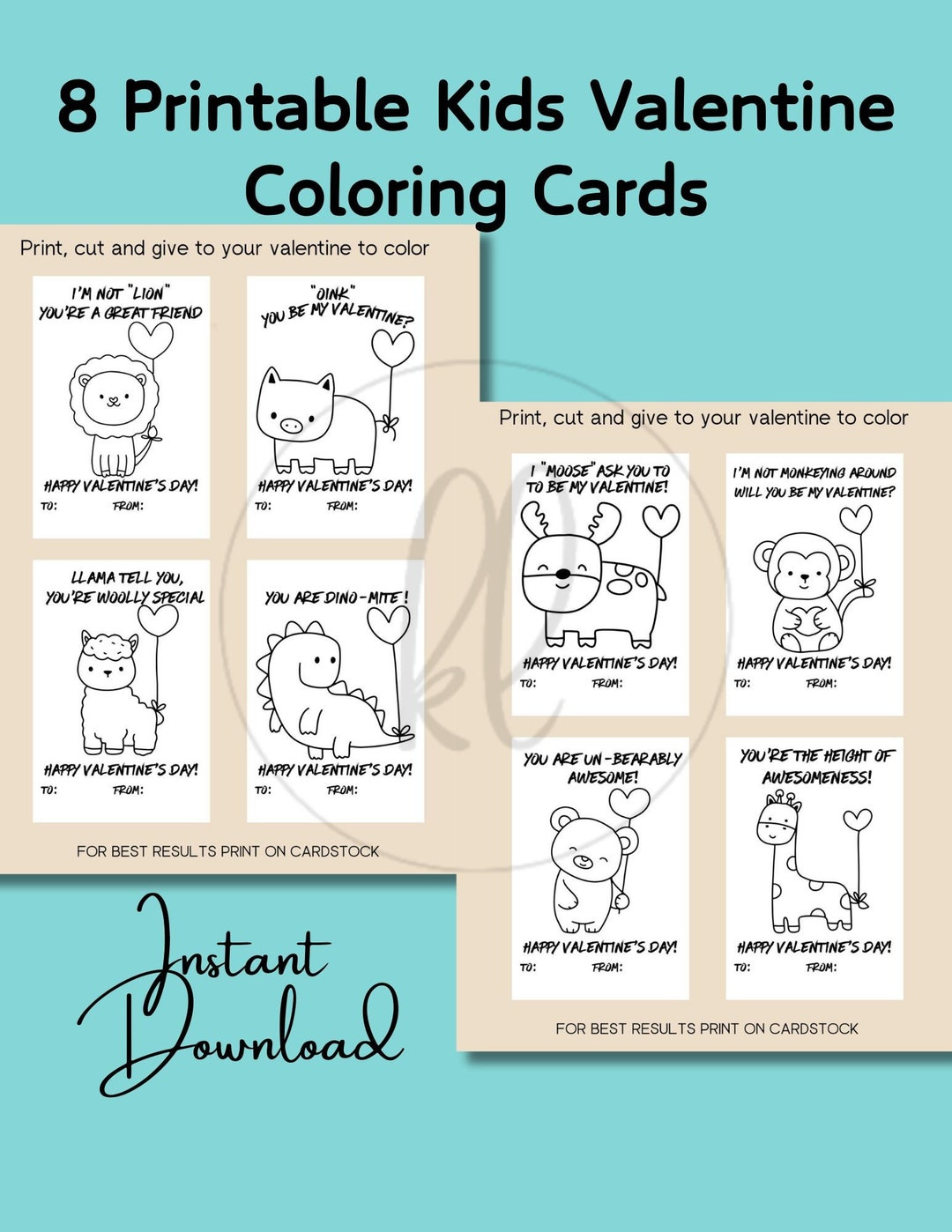 Printable Coloring Valentine's Cute Animals Kids DIY Cards Fun ...