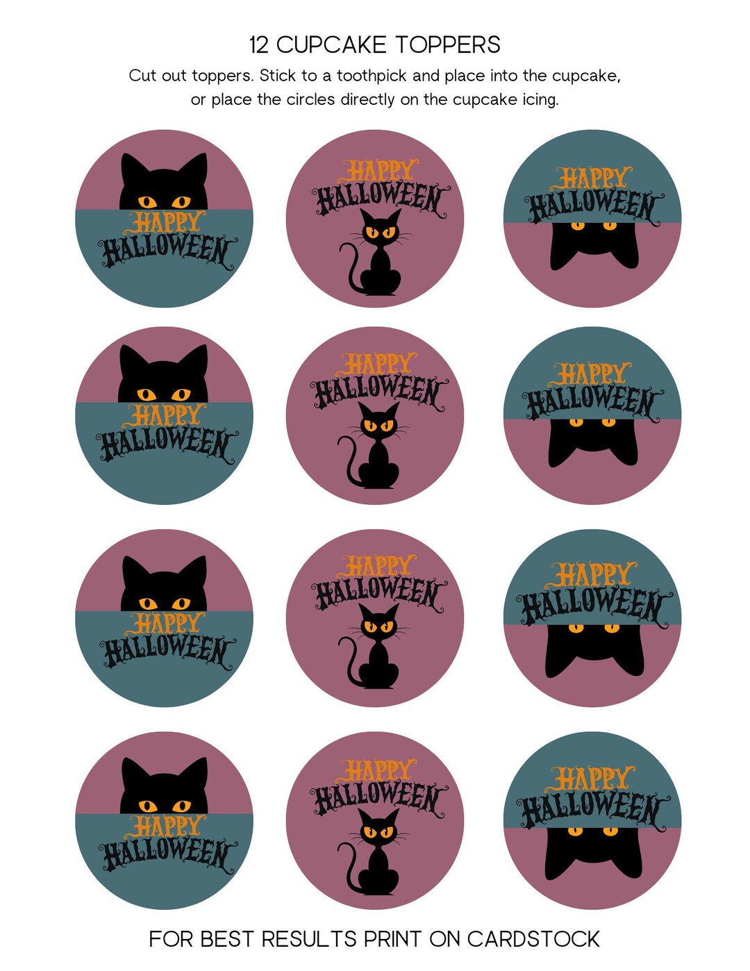 Black Cat With Yellow Eyes Printable Halloween Cupcake Toppers - Etsy