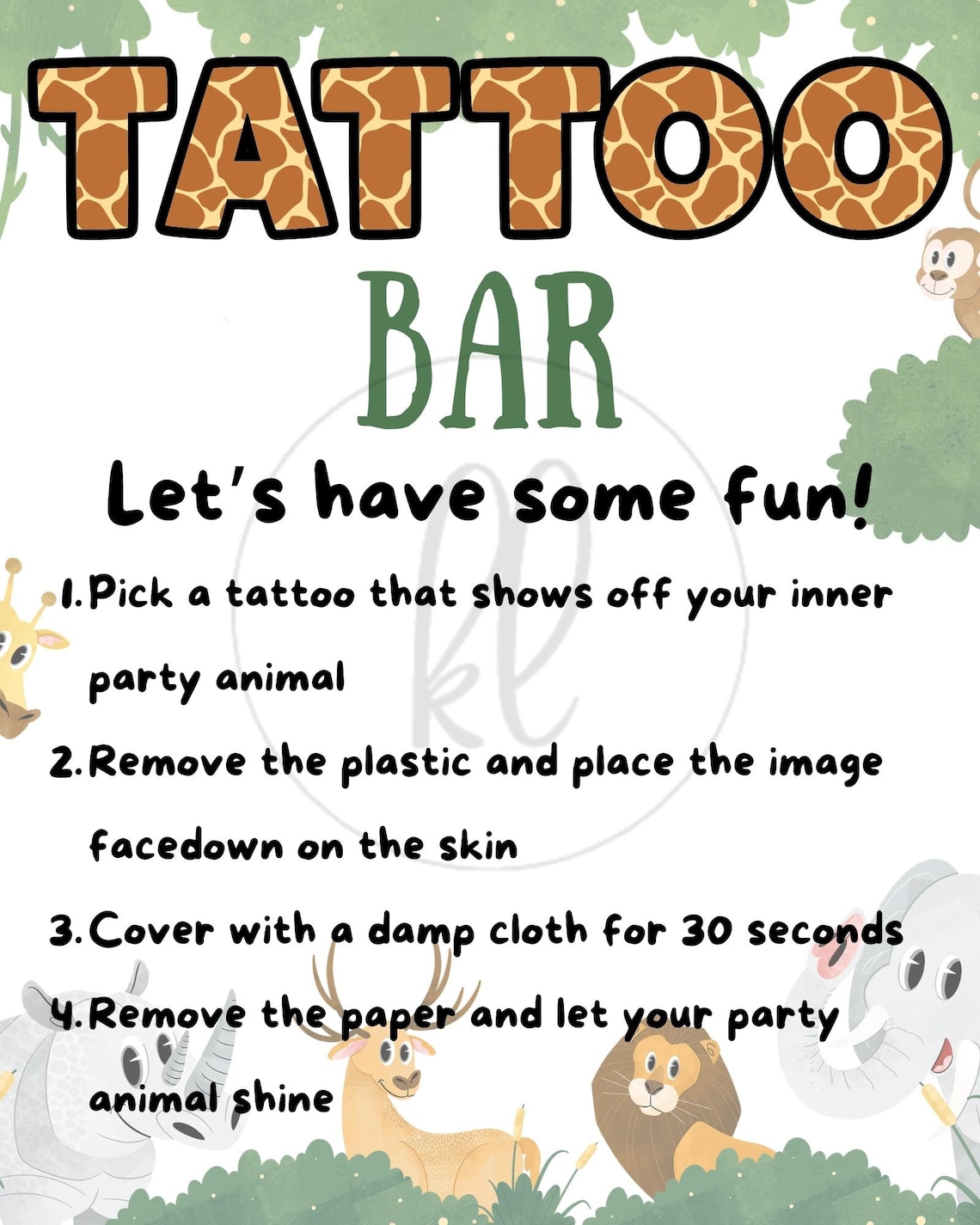 Tattoo Bar Printable Sign/ Party Animal Theme Activity/ Kids Birthday ...
