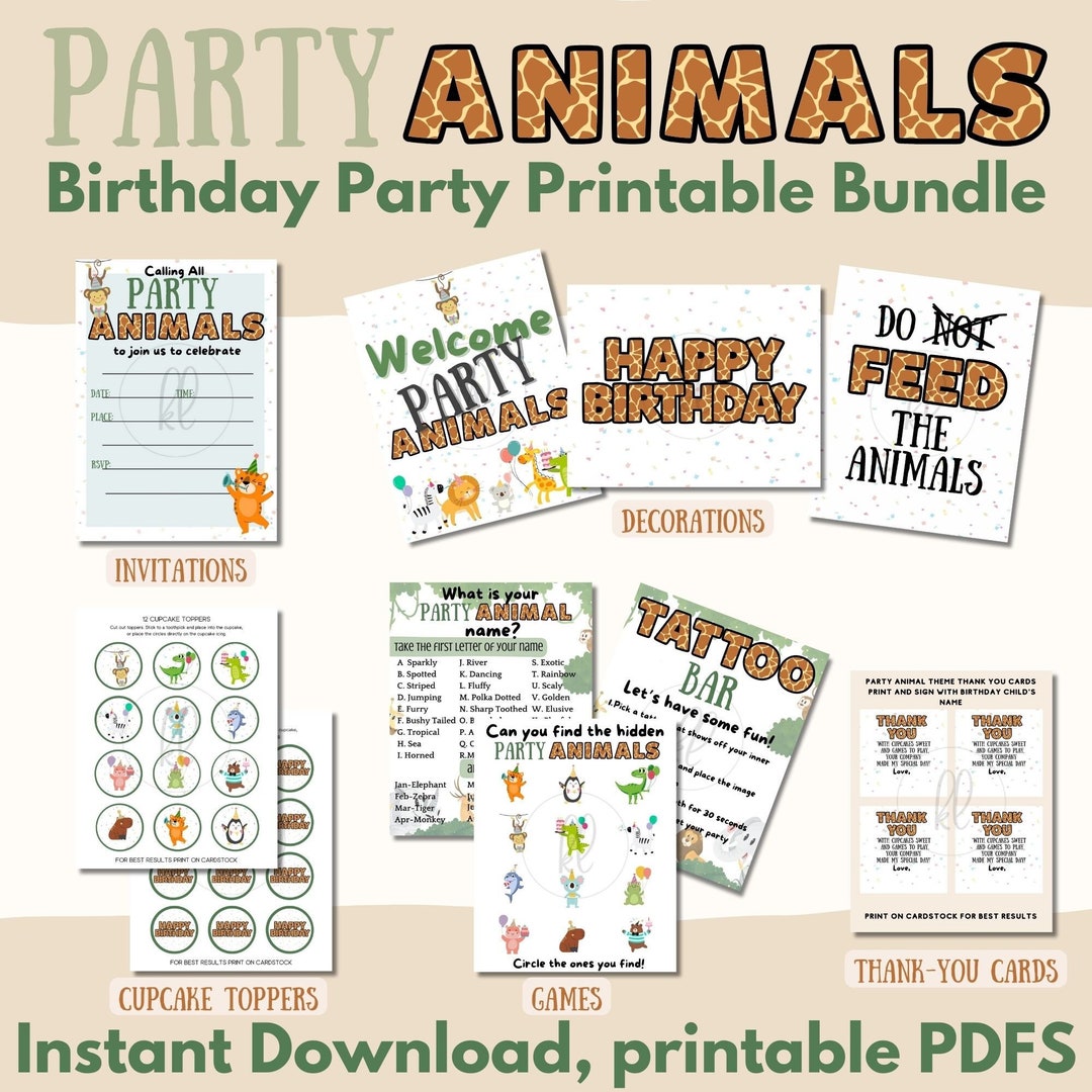 Party Animal Theme Printable Party Pack: Invitations, Decor, Games ...