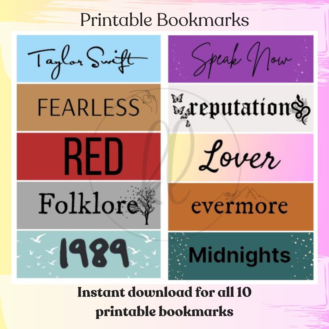 Taylor Swift Eras Tour Bookmarks Set of 10 Printable Pdfs for Swifties ...