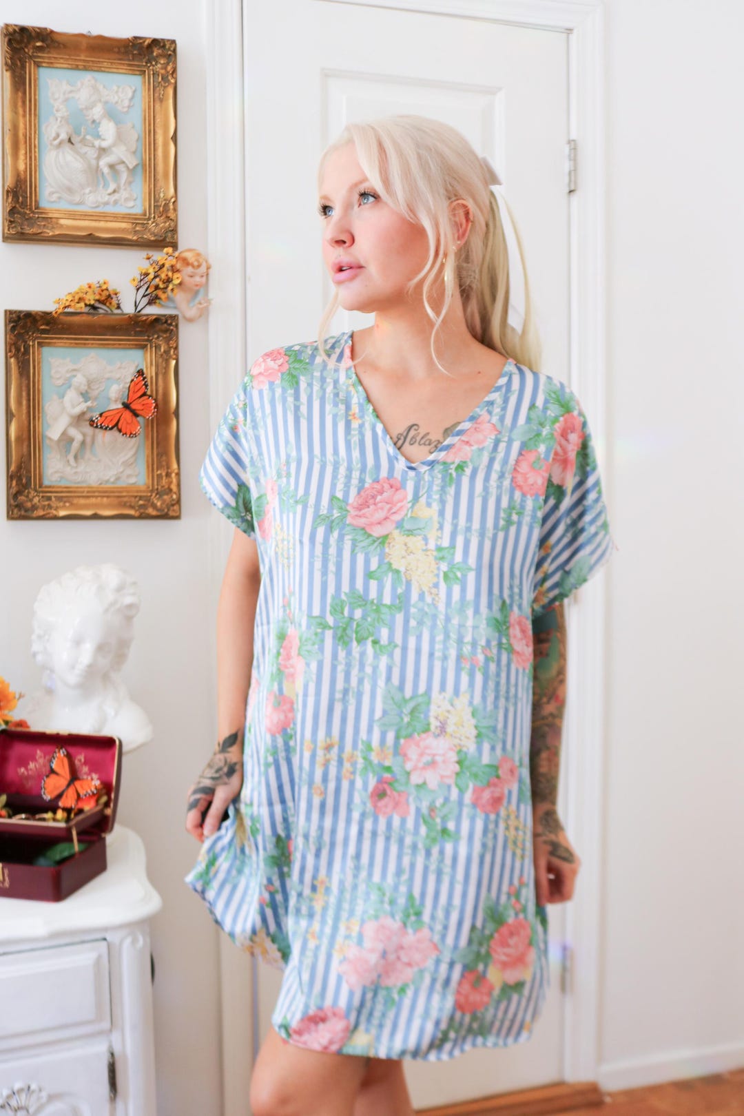 90s Sleep Solutions Striped Nightgown With Floral Details (medium) - Etsy