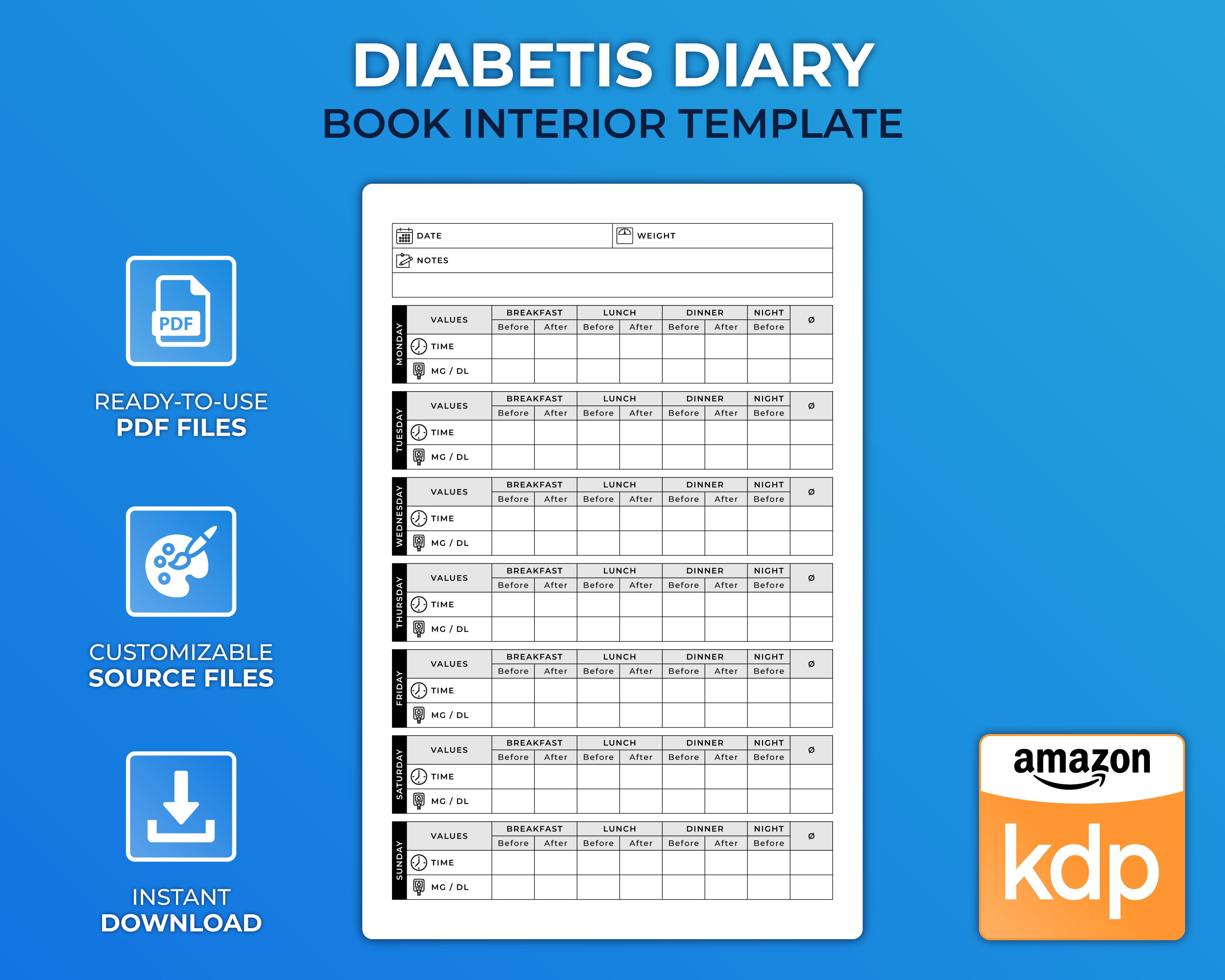 KDP Interior Template Diabetes Diary Low Content Design - Etsy