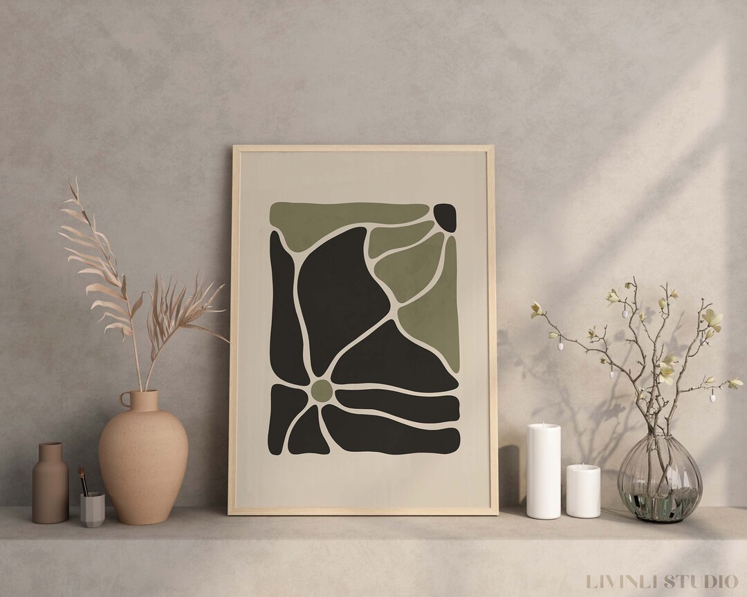 Impressão de arte de parede abstrata botânica verde sálvia e preta ...