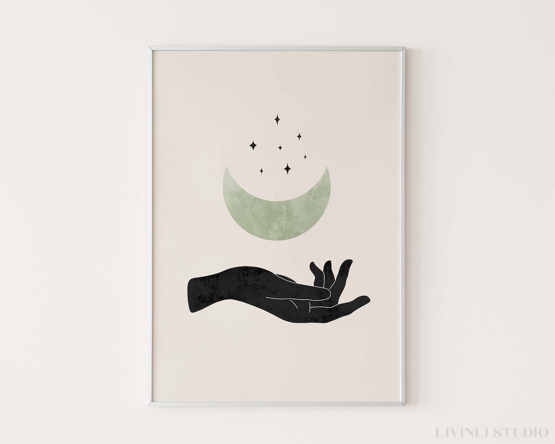 Boho Sage Green Moon With Hand Digital Wall Art Print Abstract ...