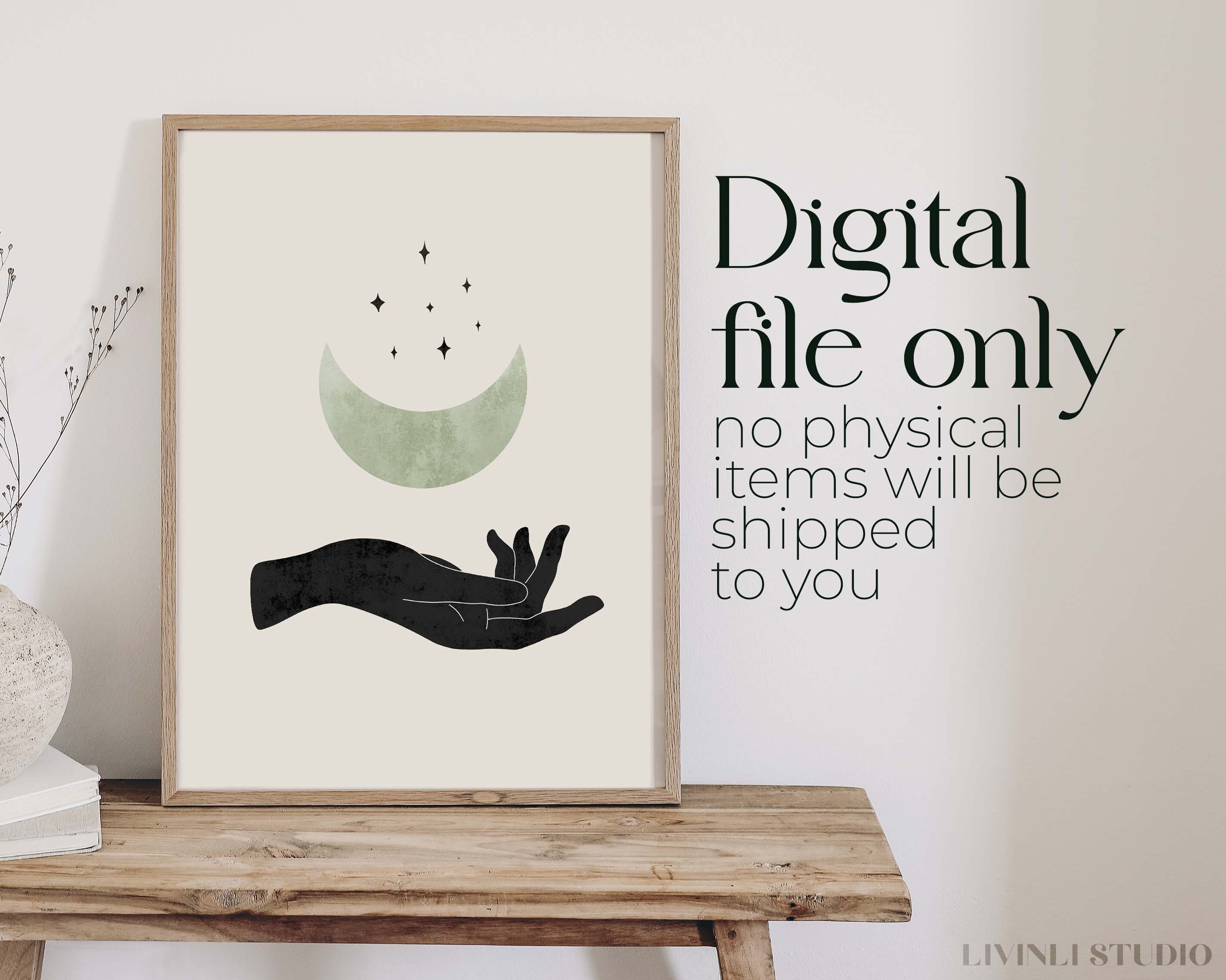Boho Sage Green Moon With Hand Digital Wall Art Print Abstract ...