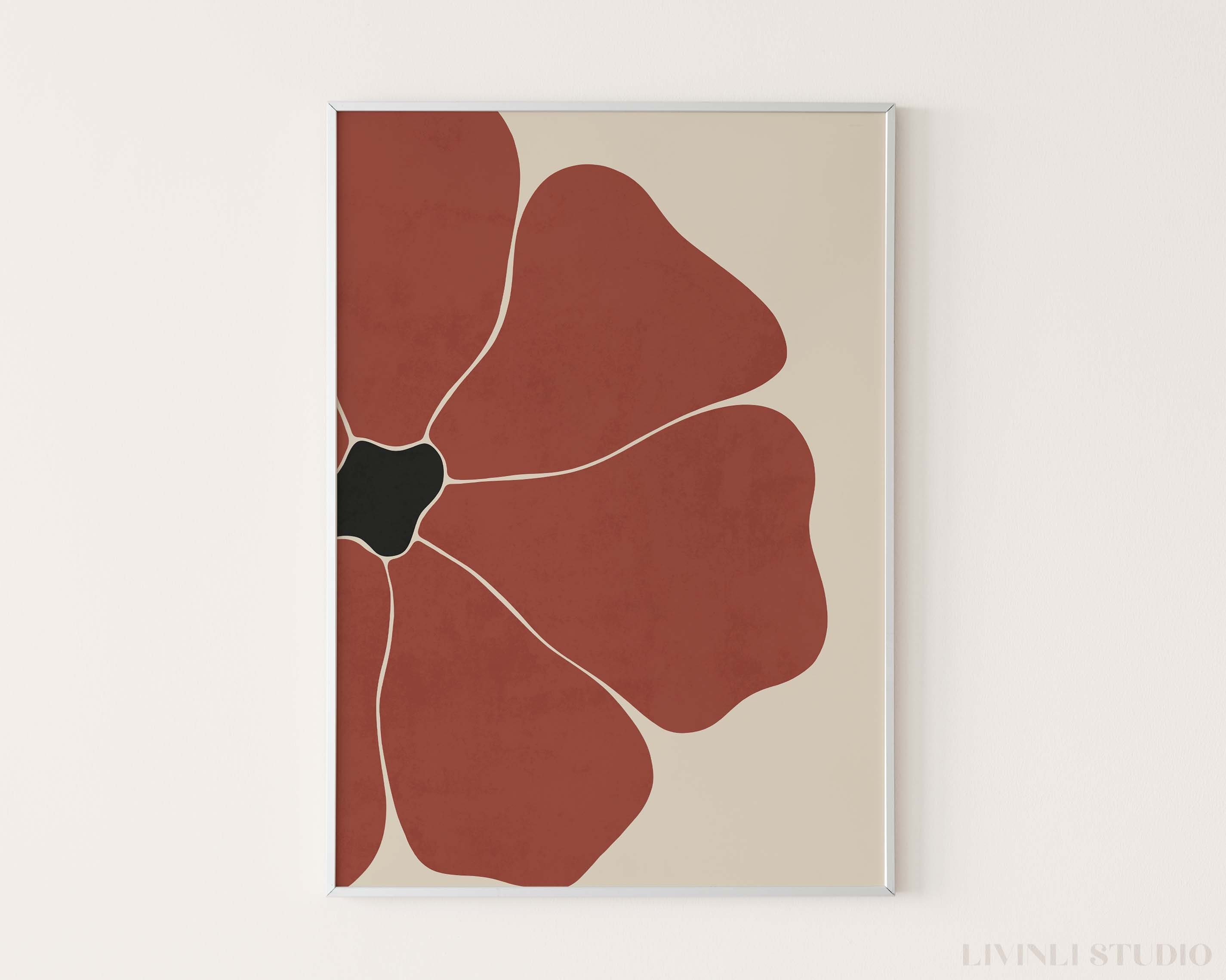 Poppy Flower Digital Art Print Burnt Red Minimal Boho Botanical Poster ...